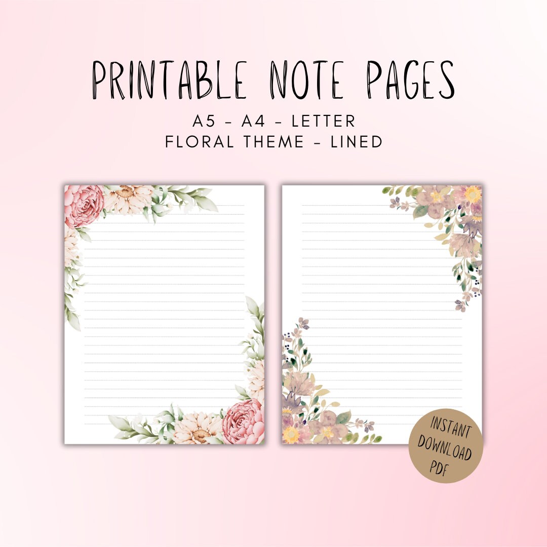 Floral Note Paper Printable Journal Page A5 A4 Letter Lined - Etsy