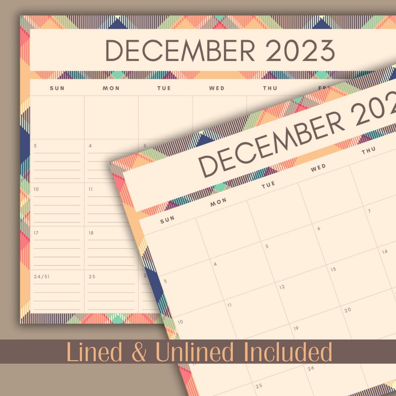 December 2023 Calendar Printable, Retro Plaid, Monthly Calendar ...
