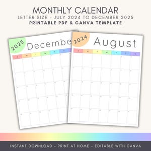 Rainbow Calendar Canva Template 2024-2025, Printable Portrait Calendar ...