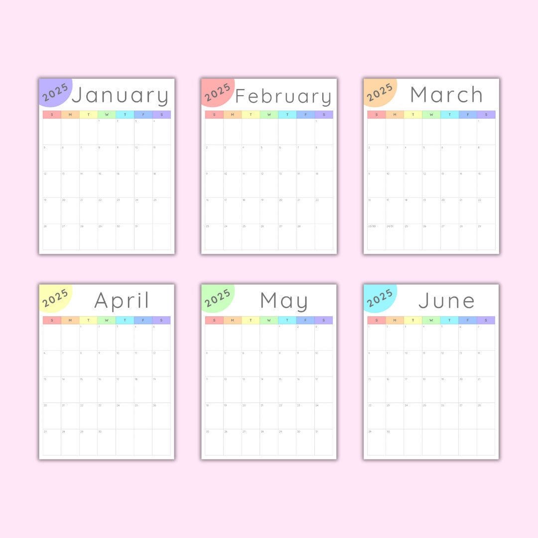 Rainbow Calendar Canva Template 2024-2025, Printable Portrait Calendar ...