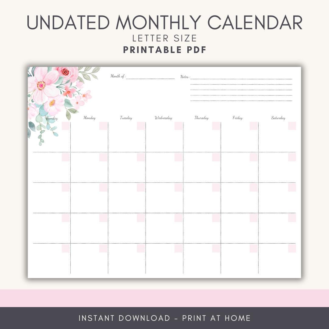 Pink Floral Undated Calendar Printable, PDF, Ready to Print, Instant ...