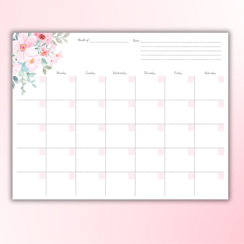 Blank Calendar Printable, Floral Calendar, Template PDF, Ready to Print ...