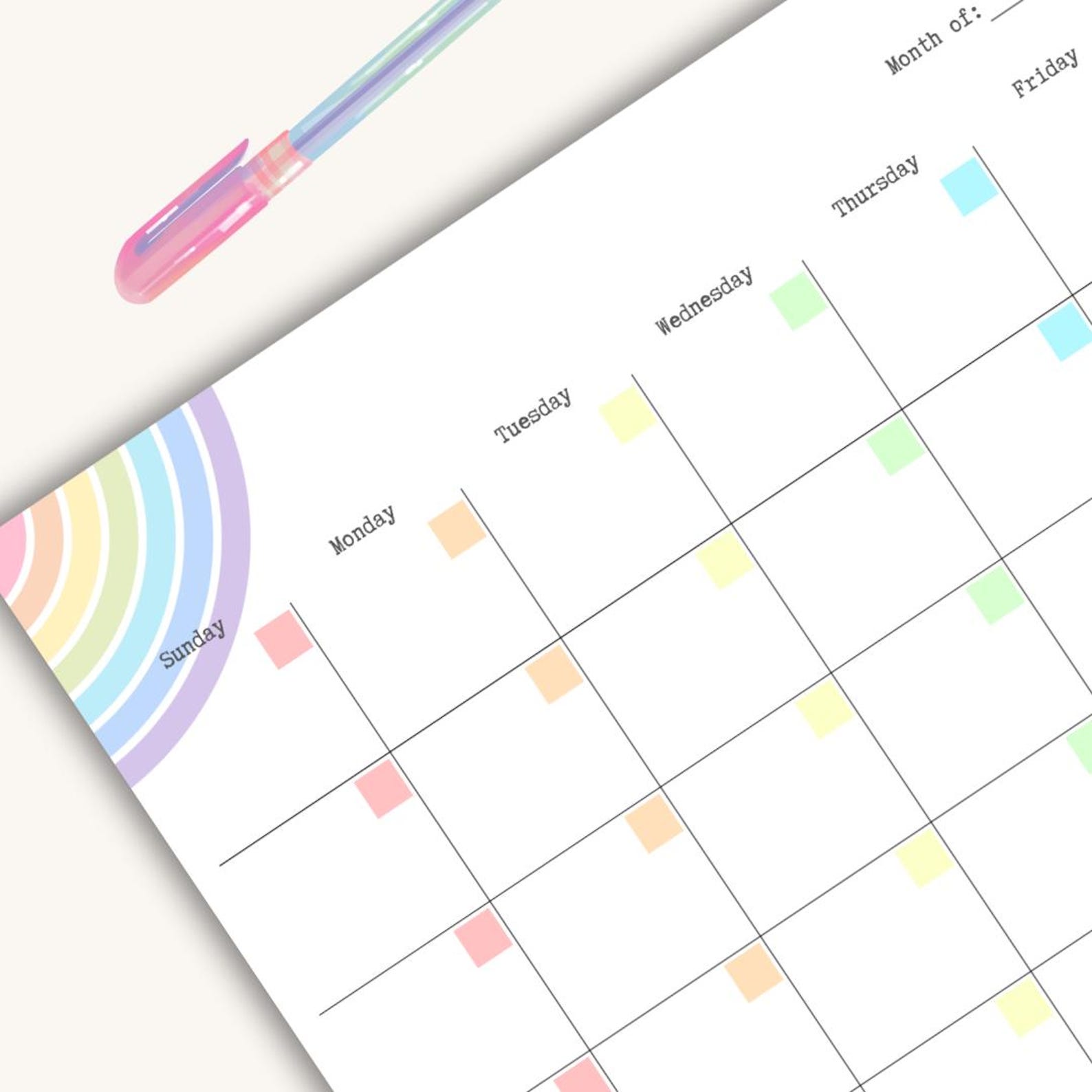Printable Calendar Pastel Rainbow Blank, A5, Letter, PDF, Rainbow ...
