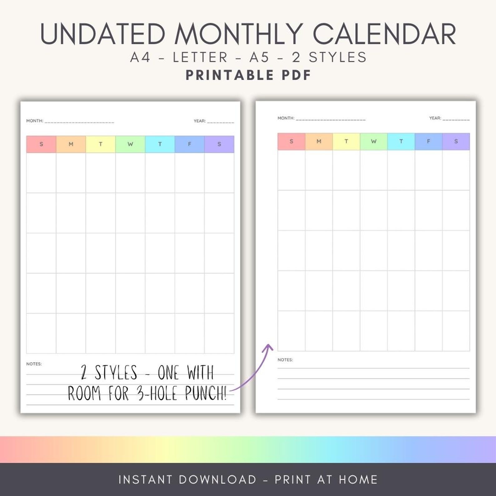 Printable Monthly Calendar, Rainbow A5 Planner Inserts, Portrait ...