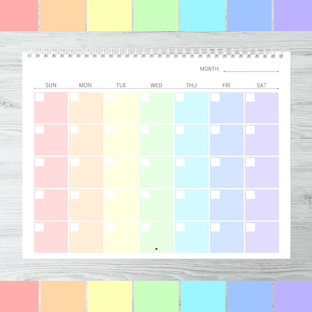 Pastel Rainbow Calendar, Canva Template, Printable Monthly Planner ...