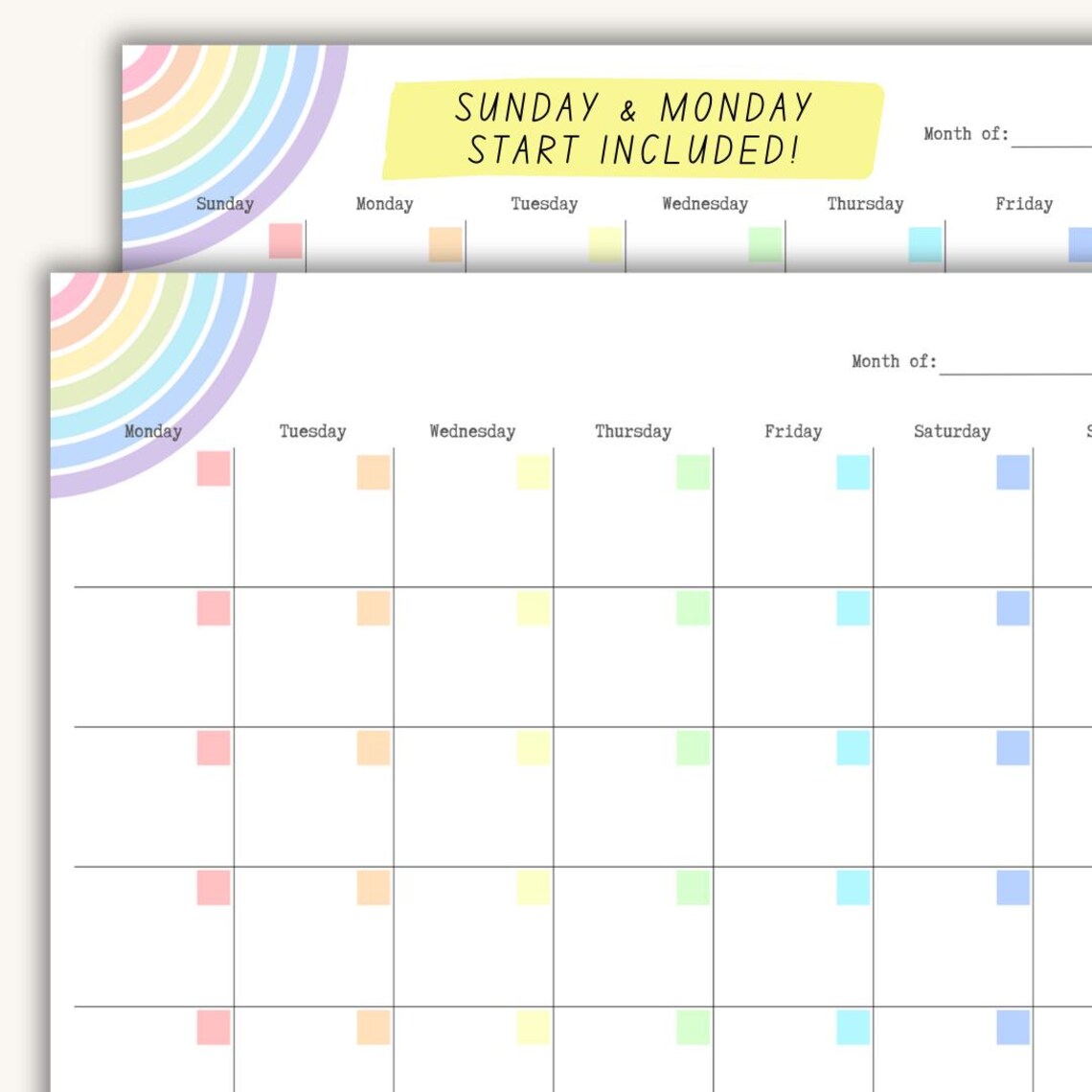 Pastel Rainbow Calendar Printable: A4, A5, Letter (PDF Digital Download ...