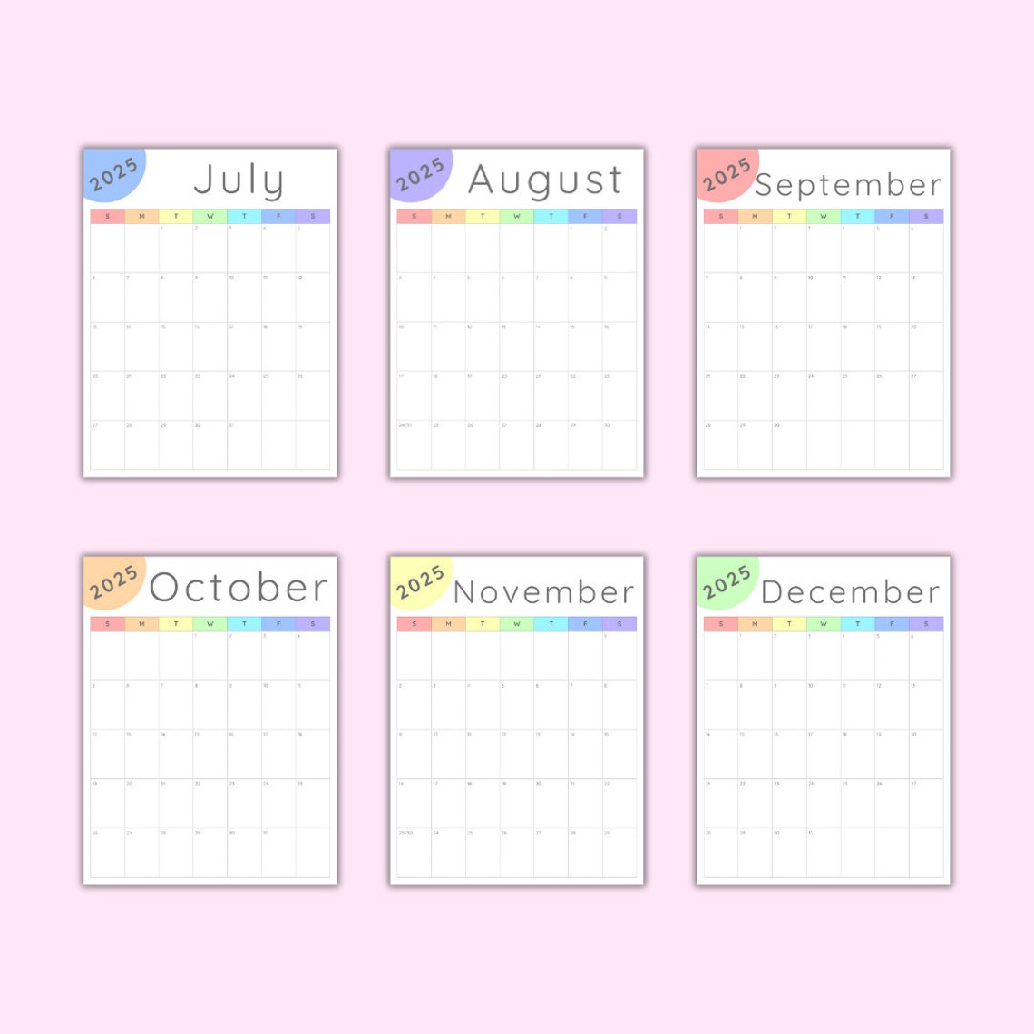 Rainbow Calendar Canva Template 2024-2025, Printable Portrait Calendar ...