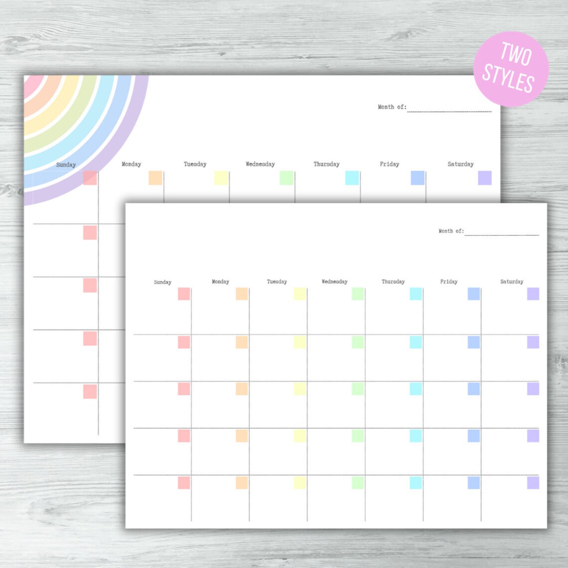 Printable Calendar Pastel Rainbow Blank, A5, Letter, PDF, Rainbow ...