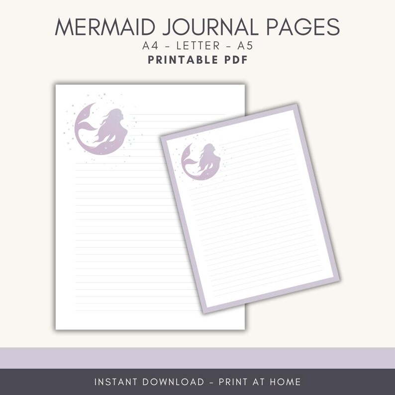 Mermaid Note Paper Printable, Lined Paper, A5, A4, Letter, Purple ...