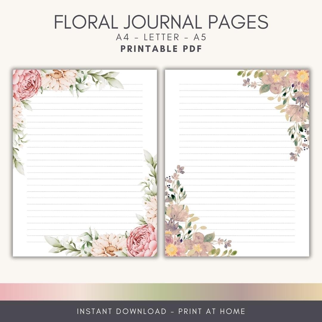 Floral Note Paper Printable, Journal Page, A5, A4, Letter, Lined, PDF ...
