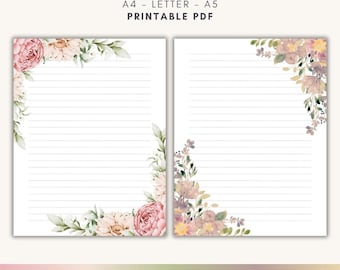 Floral Journal Pages, Printable Writing Paper, Lined Letter Page, A5 ...