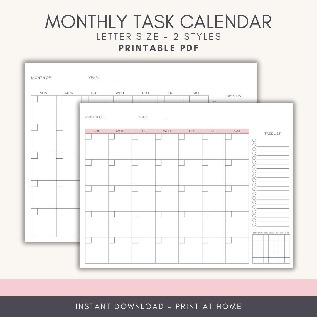 Printable Calendar Blank, Monthly Preview, Task List Calendar Letter ...