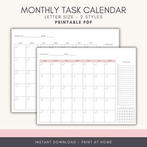 Printable Calendar Blank, Monthly Preview, Task List Calendar Letter ...