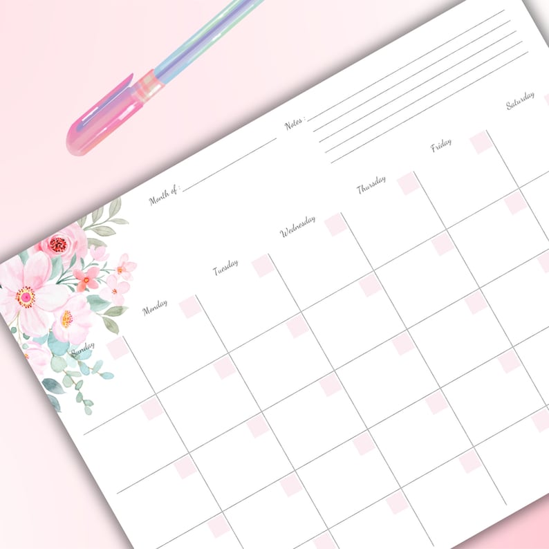 Blank Calendar Printable, Floral Calendar, Template PDF, Ready to Print ...
