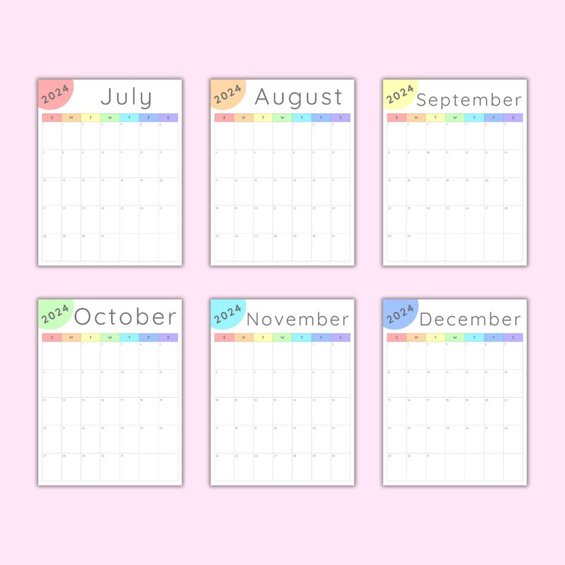 Rainbow Calendar Canva Template 2024-2025, Printable Portrait Calendar ...