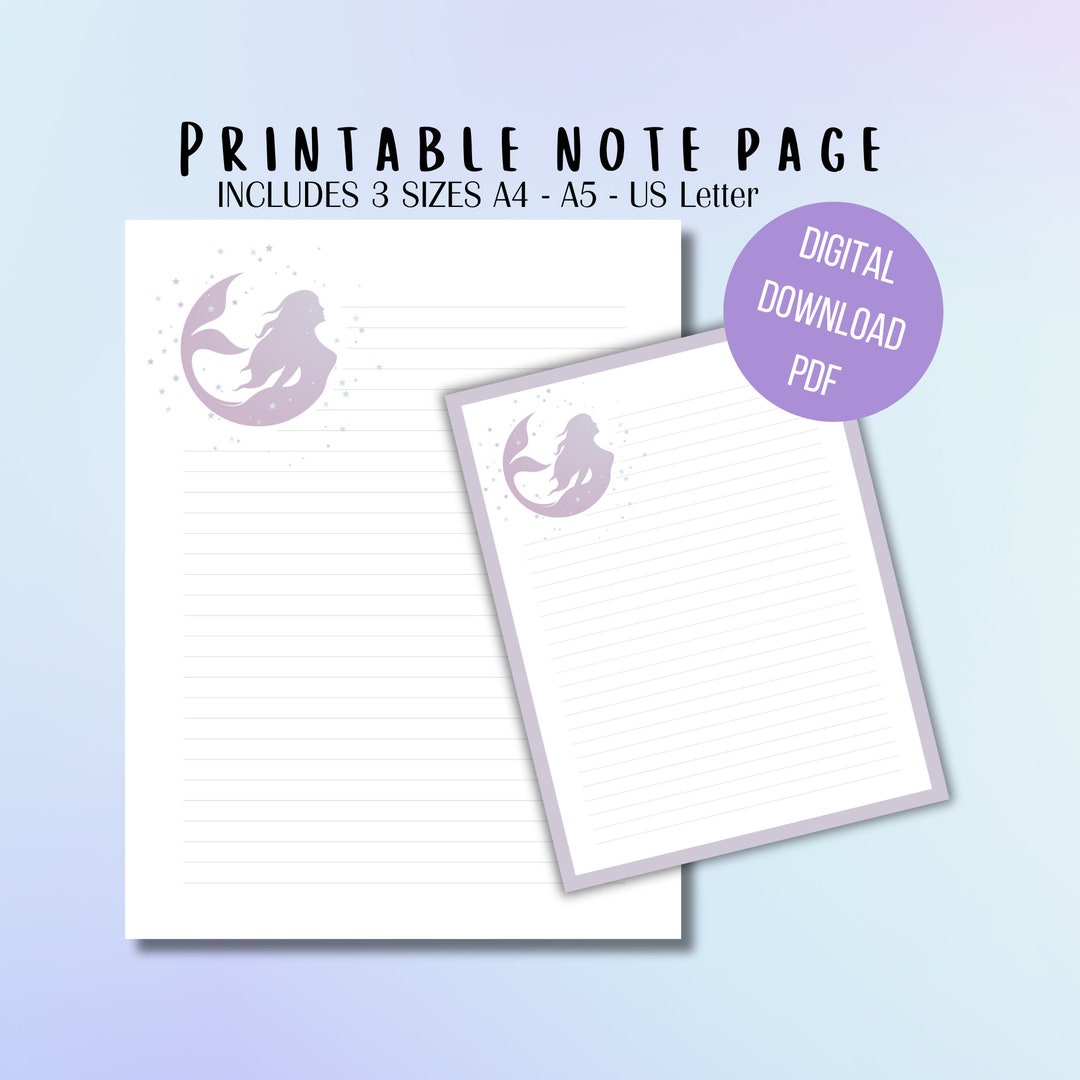 Printable Note Paper Purple Mermaid Lined A5 A4 Letter Writing Paper ...