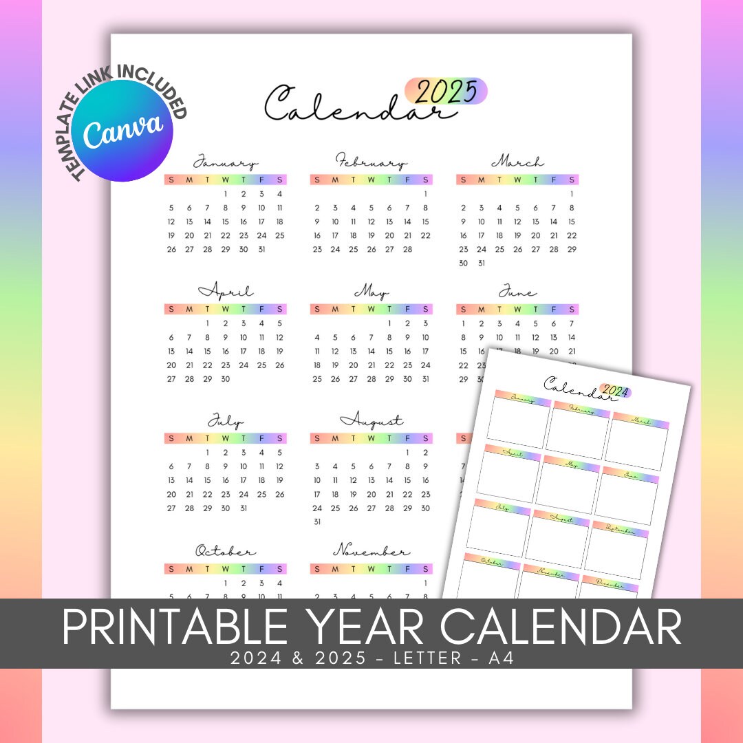Editable Year at A Glance Calendar, Canva Template and Printable ...