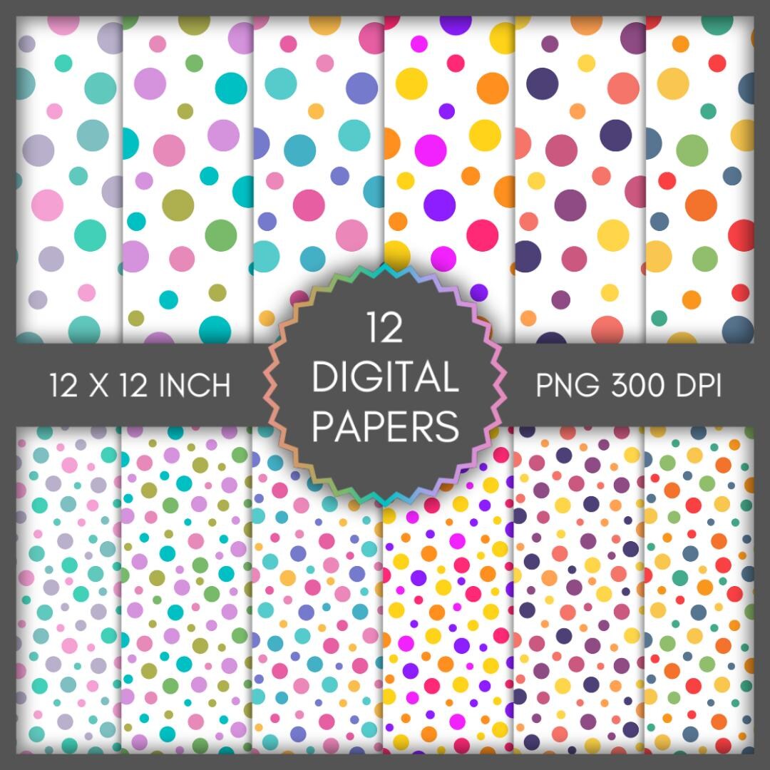 Polka Dot Digital Paper: Colorful PNG Backgrounds (12x12, 300 DPI ...