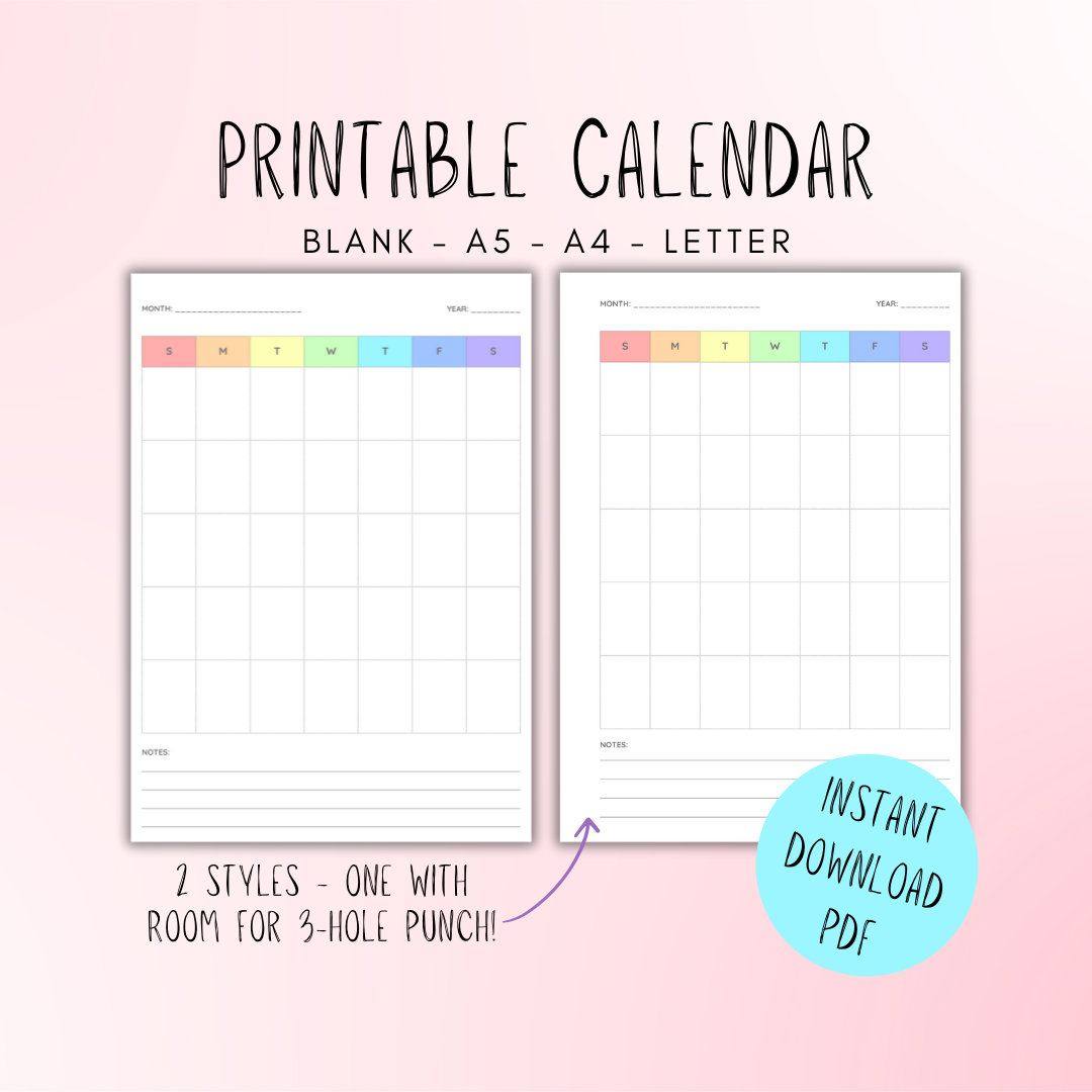 Printable Monthly Calendar, Rainbow A5 Planner Inserts, Portrait ...