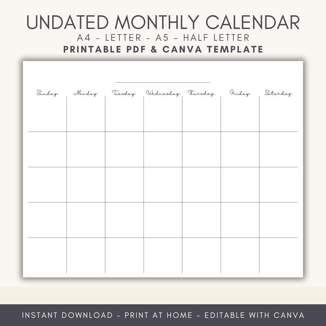 Blank Printable Calendar: Canva Template, A4 A5 Letter Sizes (PDF ...