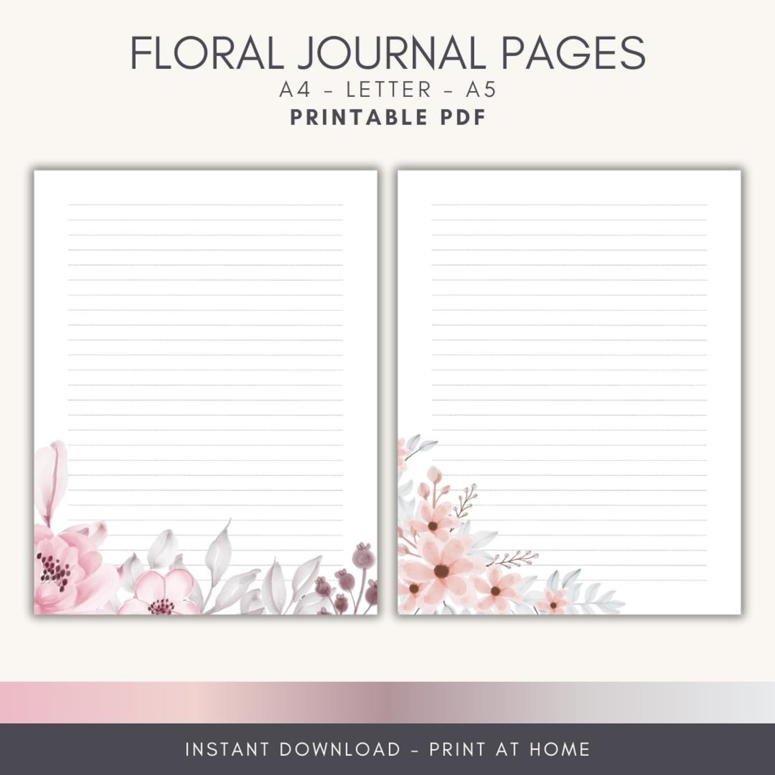 Floral Journal Pages, Printable Writing Paper, Lined Letter Page, A5 ...
