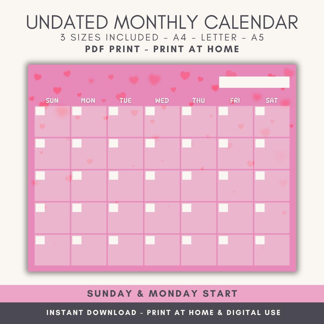 Pink Hearts Blank Calendar Printable | A5 Planner Page | Sunday ...