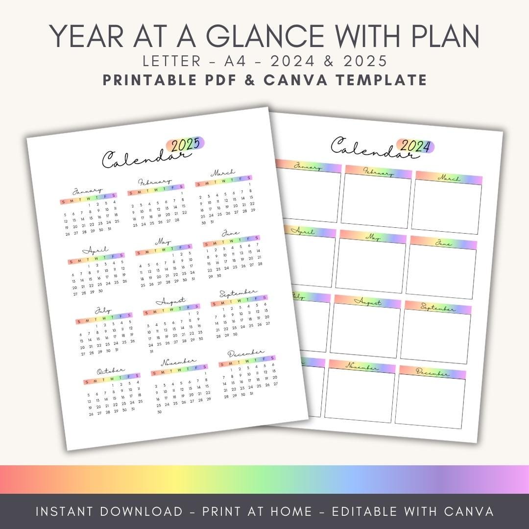 Editable Year at A Glance Calendar, Canva Template and Printable ...