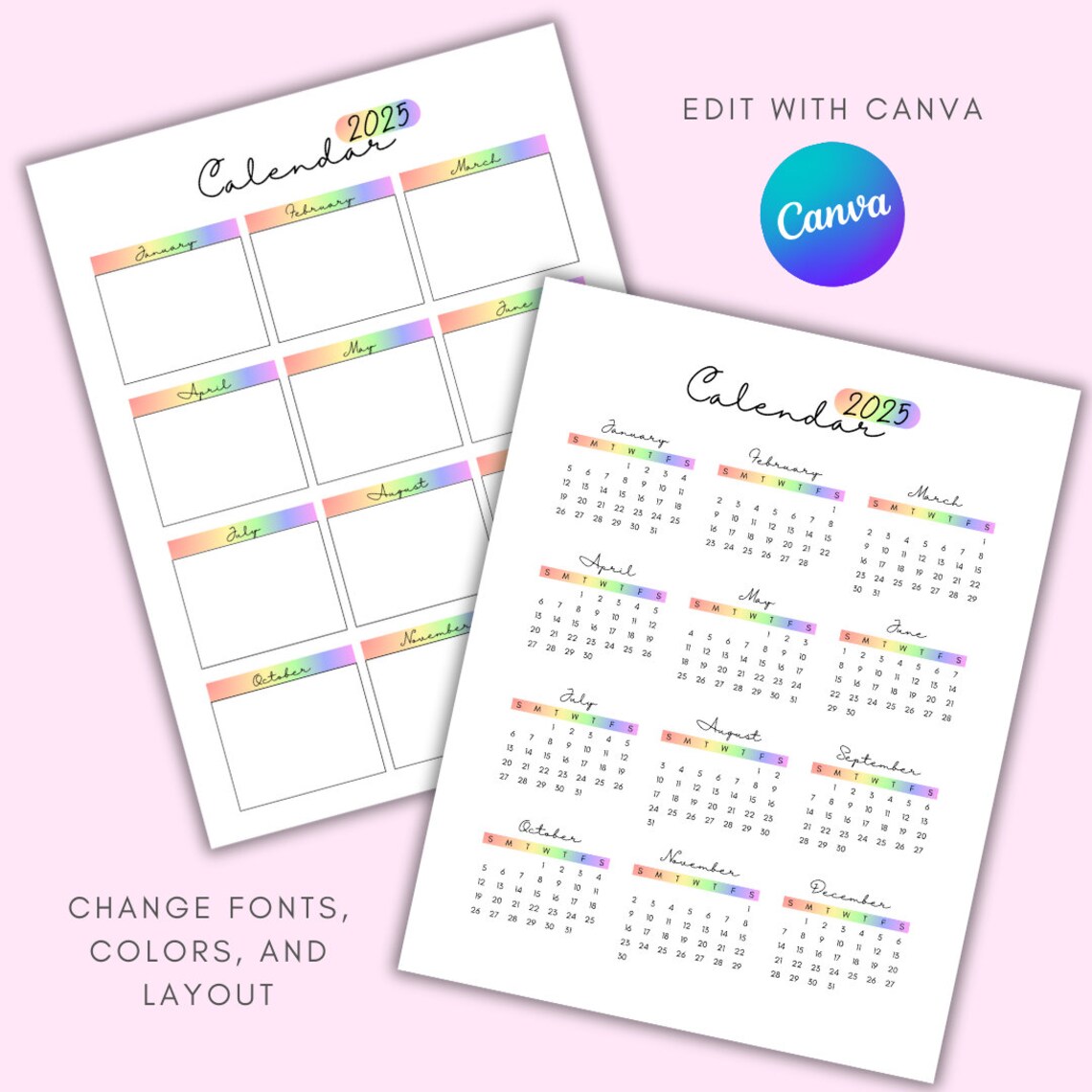 Editable Year at A Glance Calendar, Canva Template and Printable ...