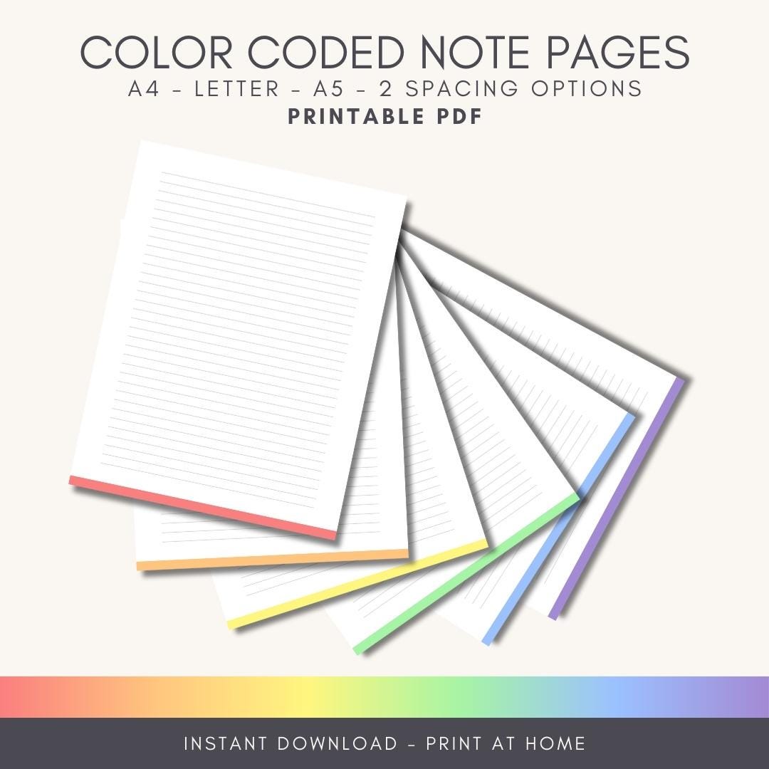 Color-coded Rainbow Note Paper, Printable Writing Paper, Study, Note ...