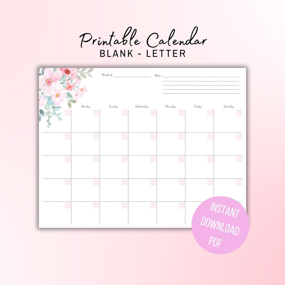 Blank Calendar Printable, Floral Calendar, Template PDF, Ready to Print ...