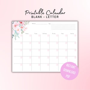 Blank Calendar Printable, Floral Calendar, Template PDF, Ready to Print ...
