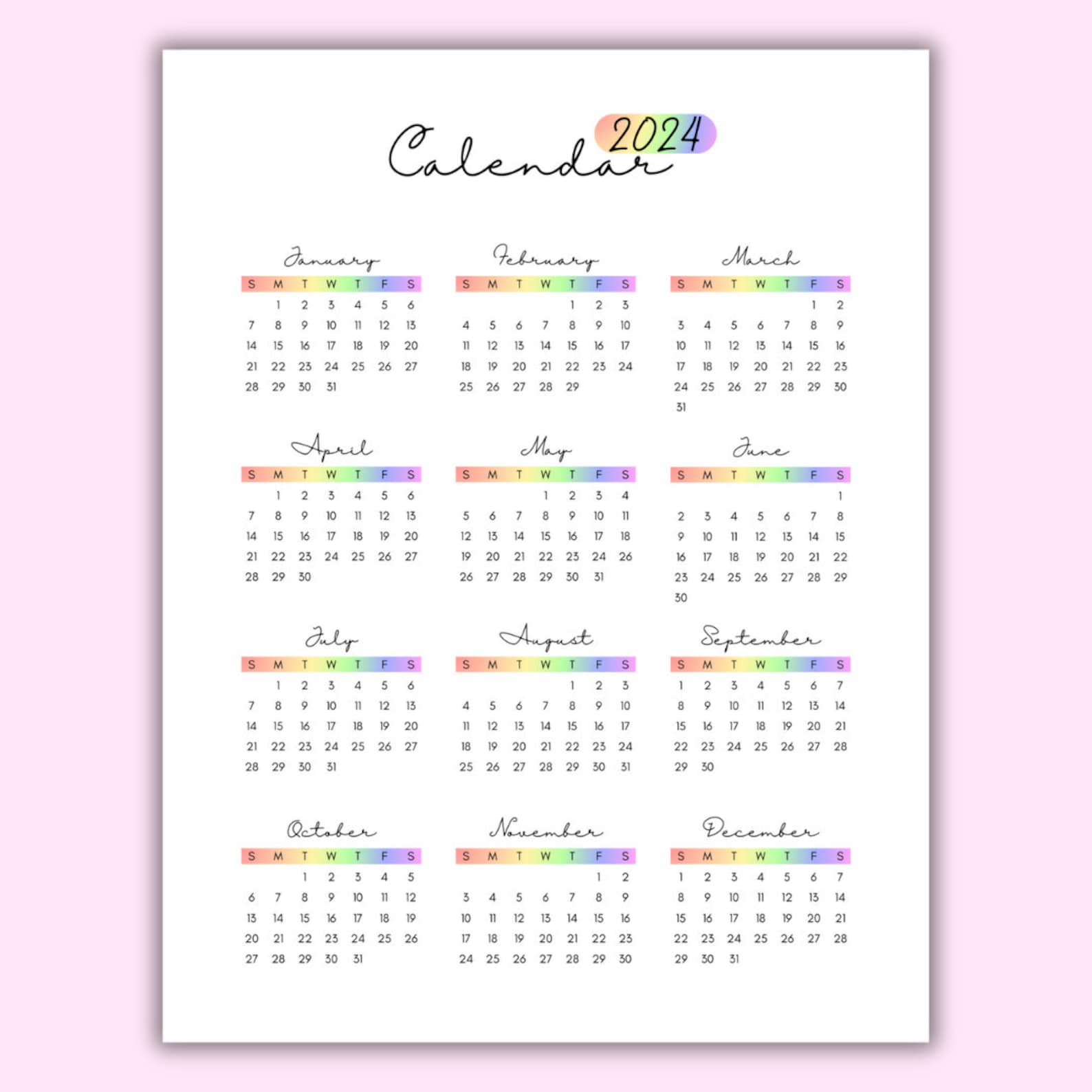 Editable Year at A Glance Calendar, Canva Template and Printable ...