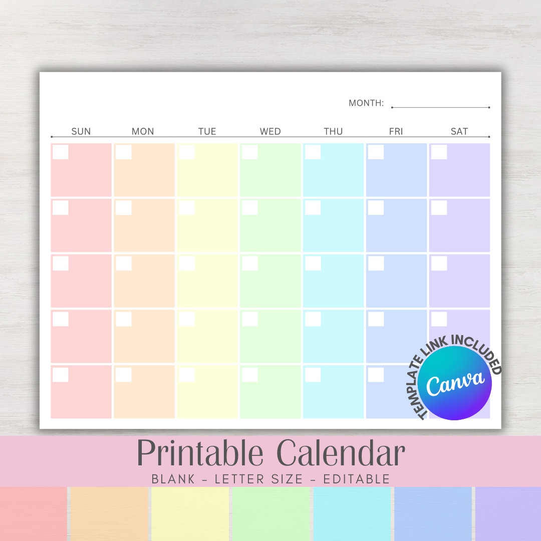 Editable Calendar Pastel Rainbow, Canva Template, Printable Monthly ...