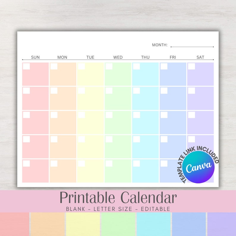 Editable Calendar Pastel Rainbow, Canva Template, Printable Monthly ...