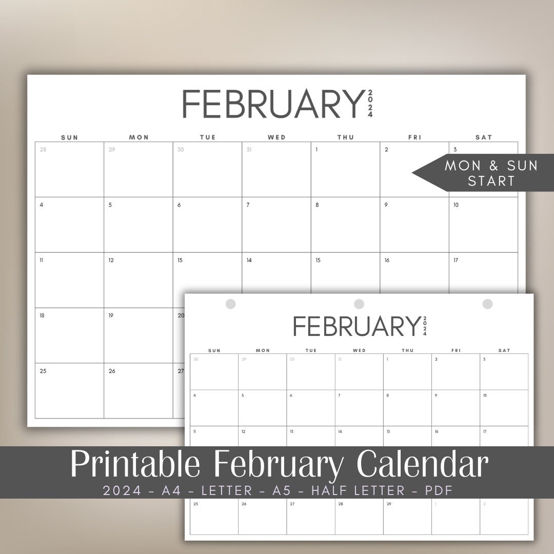 February 2024 Printable Calendar, Simple Minimalist Monthly Template ...