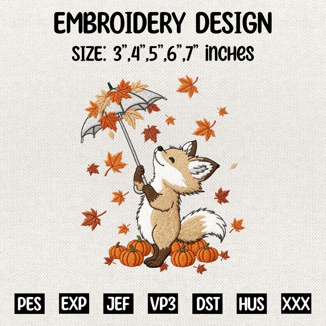 Fox With Umbrella Embroidery Design, Autumn Leaves Fall Machine ...