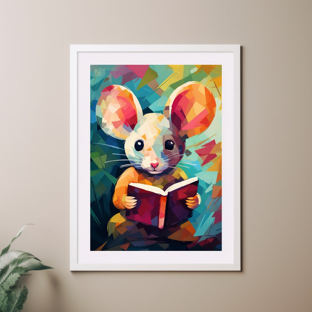 Mouse Reading A Book, Cute Animal Wall Art for Nursery School Children ...