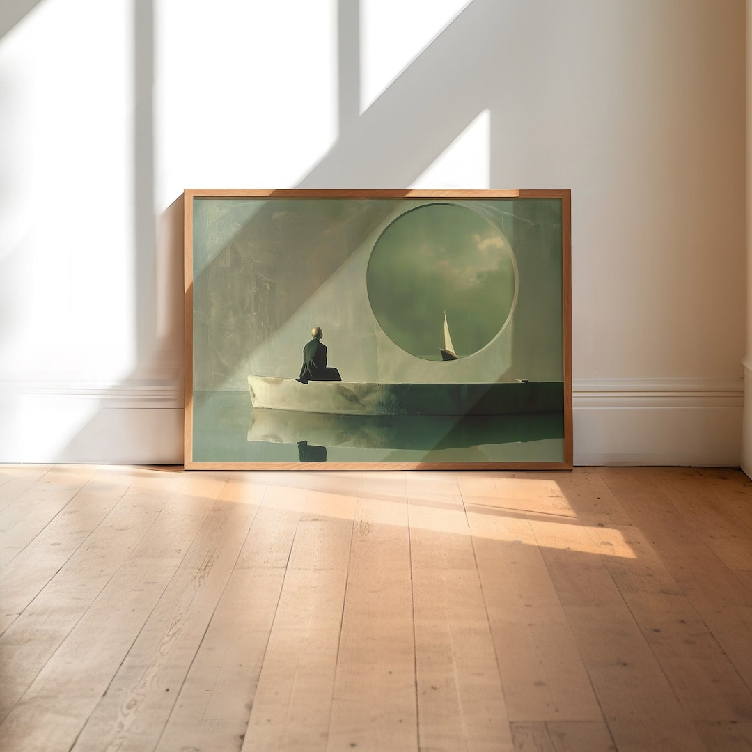 Solitude River, Surreal Art Print, Strange Green Beige Trippy Sail Boat ...