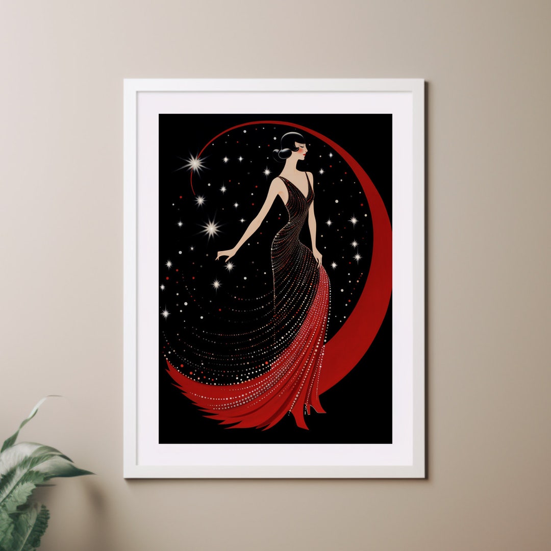 Art Deco Print, Flapper Girl and Stars 1920s Wall Art, Moon Poster Red ...