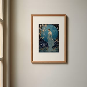 Art Deco Print, Girl Moon and Stars 1920s Wall Art, Moon Poster Blue ...