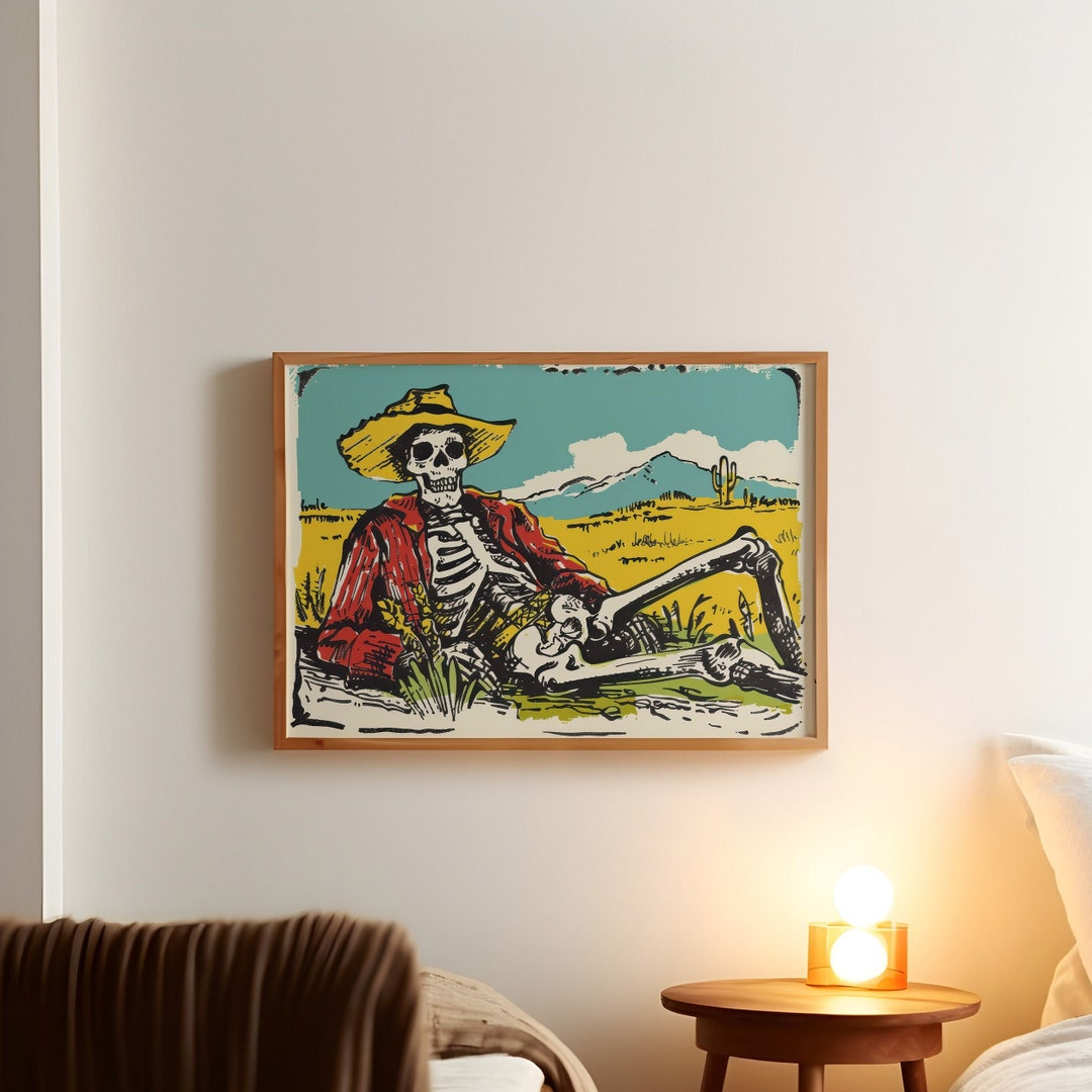 Skeleton Cowboy Art Print, Relaxed Skeleton Horizontal Wall Art, Yellow ...