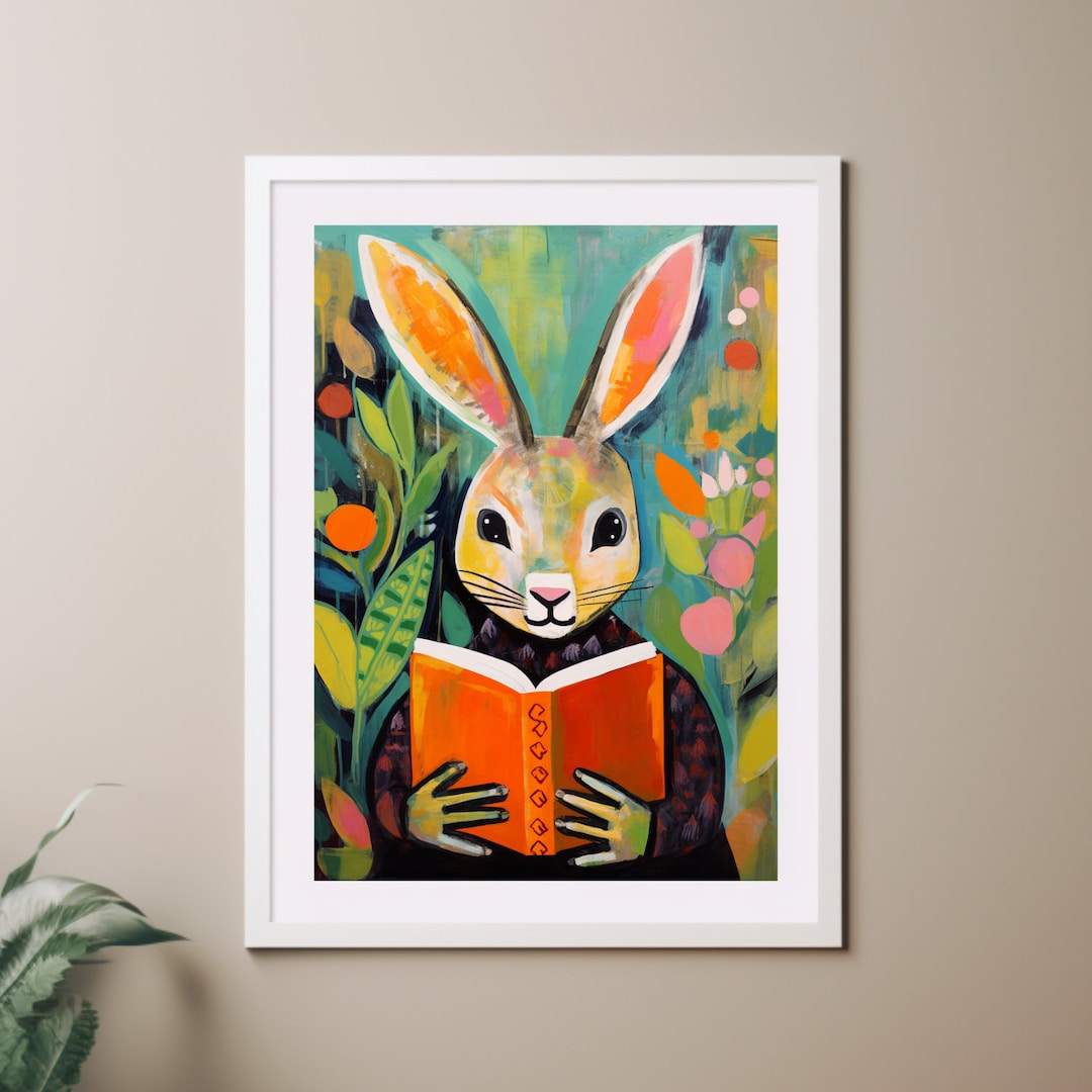 Rabbit Reading A Book, Cute Animal Wall Art for Nursery School Children ...