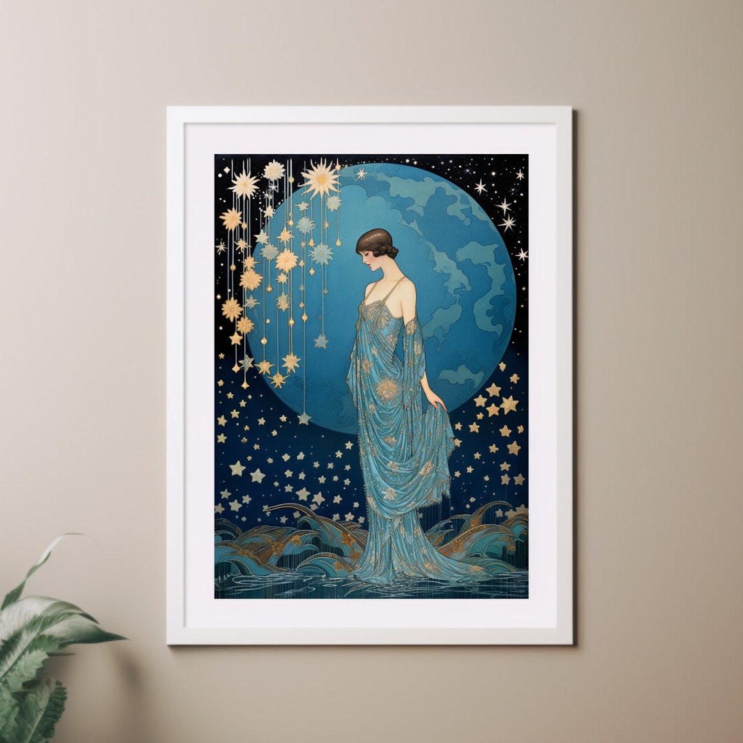 Art Deco Print Girl Moon and Stars 1920s Wall Art Moon - Etsy