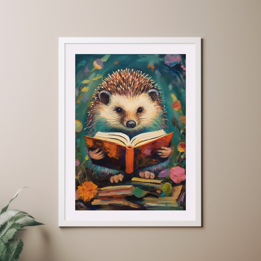 Hedgehog Reading A Book, Cute Animal Wall Art for Nursery School ...