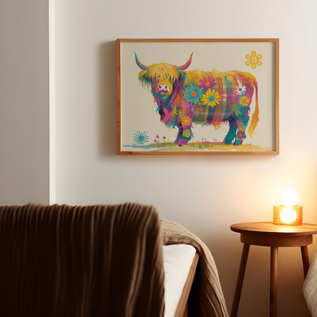 Highland Cow Art Print, Flower Power 1970s Hippy Style Pastel Tartan ...