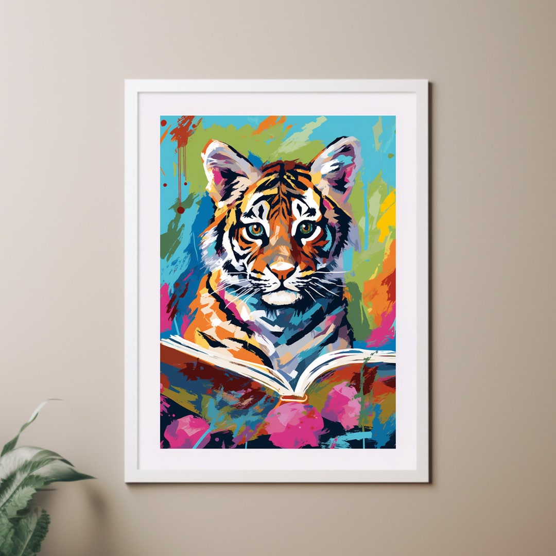 Tiger Reading A Book, Cute Animal Wall Art for Nursery School Children ...