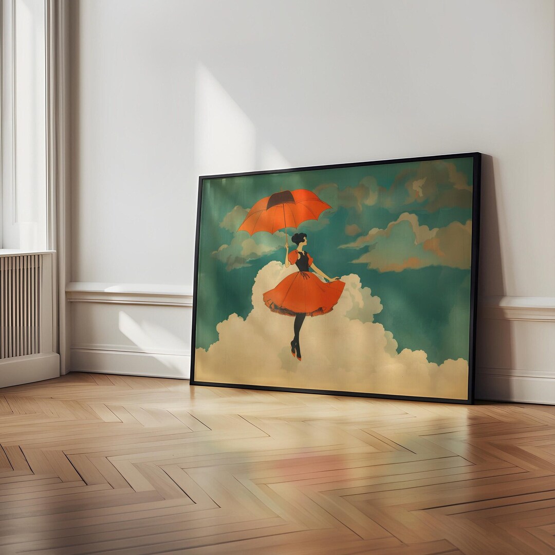Storm Clouds Umbrella Lady Art Print, Vintage Style Home Decor, Trippy ...