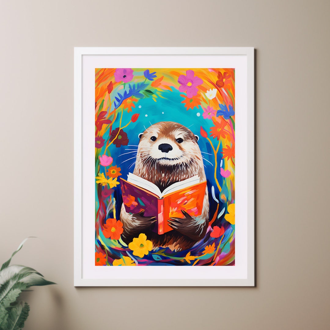 Otter Reading A Book, Cute Animal Wall Art for Nursery School Children ...