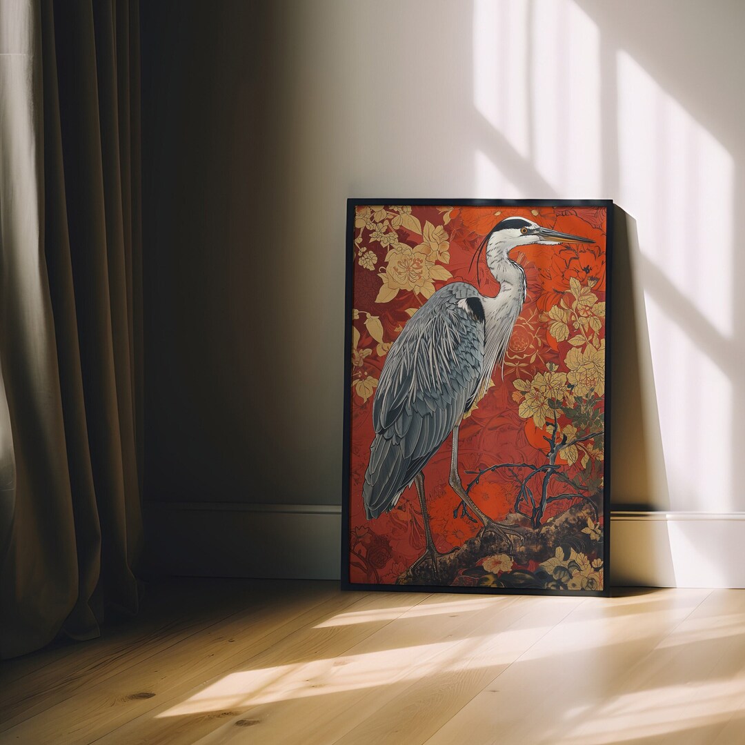 Heron Wall Art, Asian Influenced Art Deco Vintage Style Home Decor, Red ...