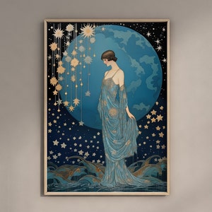 Art Deco Print, Girl Moon and Stars 1920s Wall Art, Moon Poster Blue ...